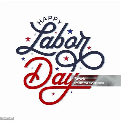 해피 노동절 손으로 그린 타이포그래피 인사말 카드 빨간색과 파란색 색상 텍스트 흰색 배경에 별 아이콘 미국 노동절 템플릿 배너 포스터 전단지 벡터 Lettering
