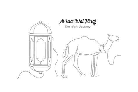연속 한 선 그리기 랜턴 및 낙타 Isra Miraj 이슬람 이벤트 개념 단일 선 그리기 디자인 벡터 그래픽 그림 프리미엄 벡터