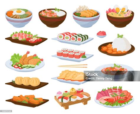 Kartun Hidangan Makanan Asia Makanan Laut Jepang Masakan Tradisional