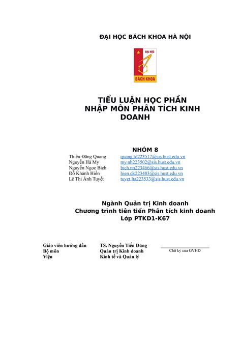 Tiểu luận nhóm PTKD Tiểu luận PTKD ĐẠI HỌC BÁCH KHOA HÀ NỘI TIỂU LUẬN HỌC PHẦN NHẬP MÔN PHÂN