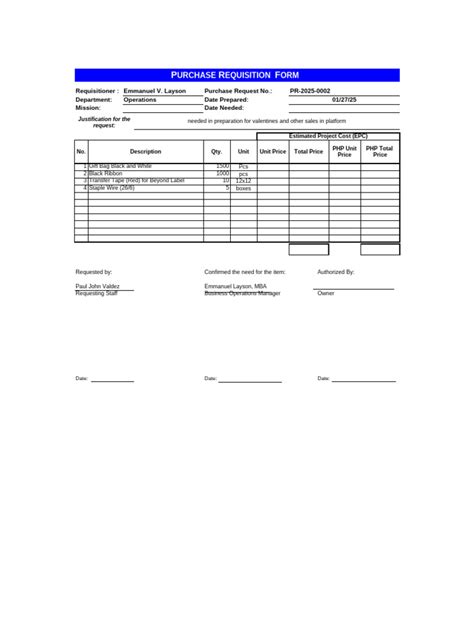 Purchase Requisition Form Pdf