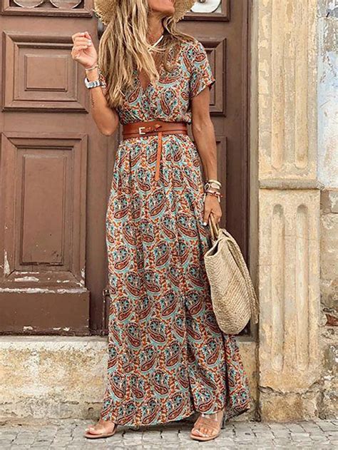 Womens Swing Dress Maxi Long Dress Red Brown Short Sleeve Print Split