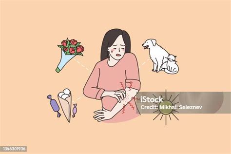 건강에 해로운 여자 가려움증 피부 알레르기 때문에 손해를 입습니다 긁음에 대한 스톡 벡터 아트 및 기타 이미지 긁음 습진 긁힌 Istock