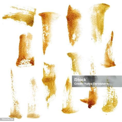 수채화 골드 브러시 스트로크를 설정 합니다 손 디자인 인쇄 직물 또는 배경에 대 한 흰색 배경에 고립 된 아름 다운 그림을 그린 개체 그룹에 대한 스톡 벡터 아트 및 기타