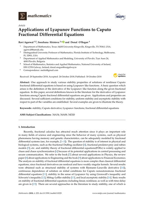 Pdf Applications Of Lyapunov Functions To Caputo Fractional Differential Equations