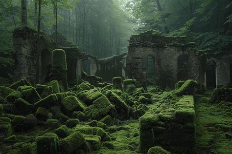 An Abandoned Forest With Mossy Rocks And Trees Background 48137935