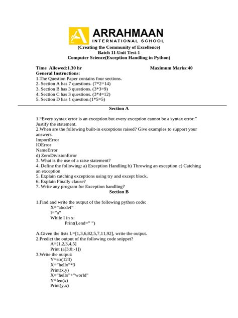 12 Unit Test 2 Exception Handling Pdf