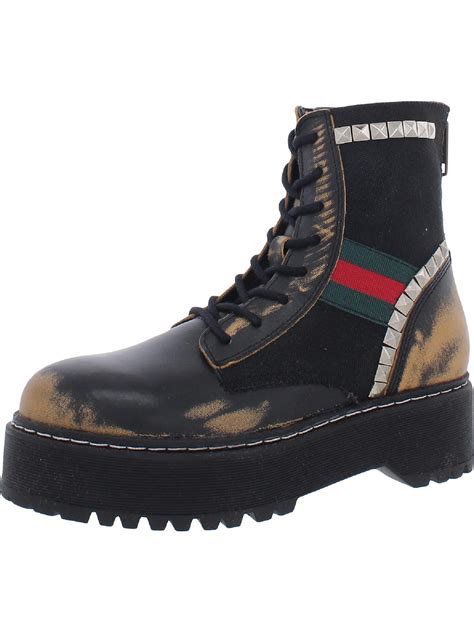 Steve Madden Womens Leather Mixed Media Combat Boots Lace Up Lugged