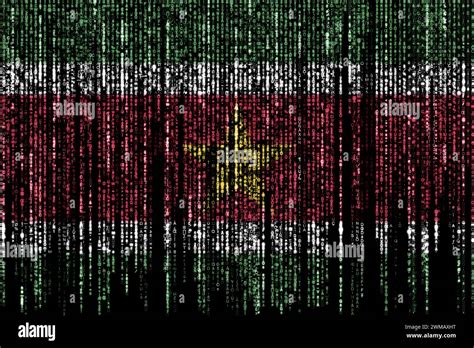 flag of suriname on a computer binary codes falling from the top and