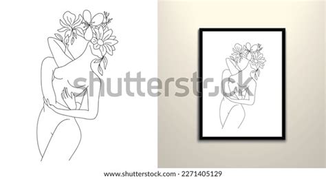 Naked Couple Hug Flowers Line Art Stock Vector Royalty Free