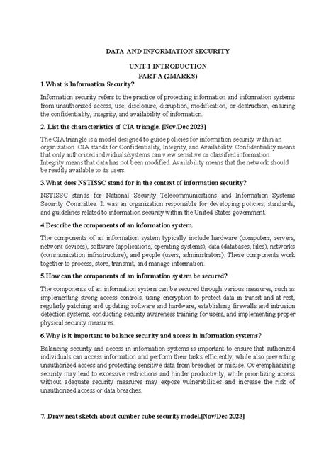 Unit 1 Data And Information Security Data And Information Security Unit 1 Introduction Part A