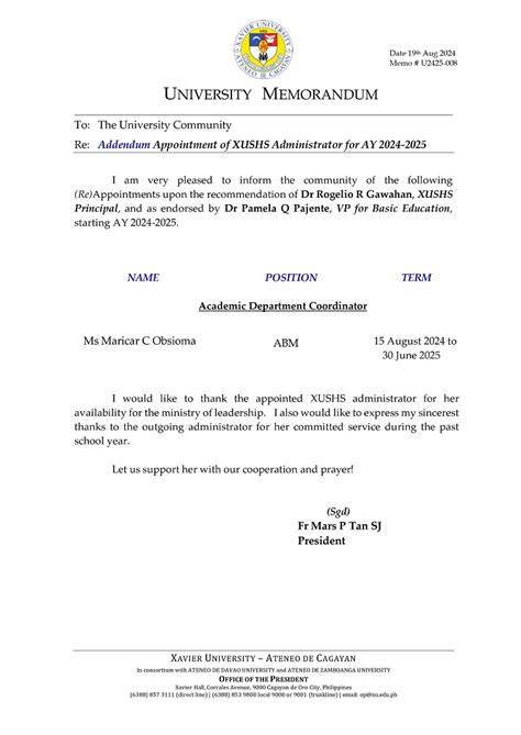 Xavier University Memo U2425 008 Appointment Of Xushs Administrator For Ay 2024 2025 Addendum