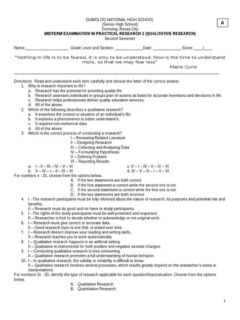 Midterm Exam In Practical Research 1 Pdf Qualitative Research