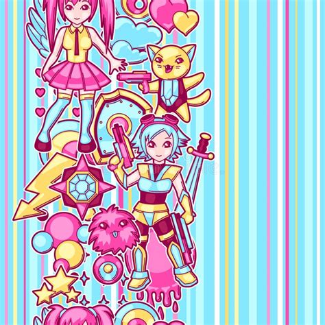 Japanese Anime Cosplay Seamless Pattern Cute Kawaii Characters And