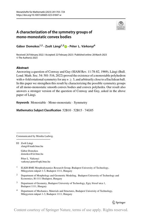 Pdf A Characterization Of The Symmetry Groups Of Mono Monostatic Convex Bodies