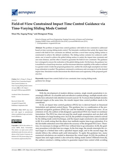 Pdf Field Of View Constrained Impact Time Control Guidance Via Time Varying Sliding Mode Control