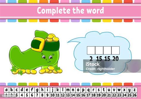 단어를 완성합니다 암호 코드입니다 동전레프레차운 부츠 어휘와 숫자를 학습 교육 워크 시트 영어 공부를 위한 활동 페이지 격리된 벡터 그림입니다 만화 캐릭터 St