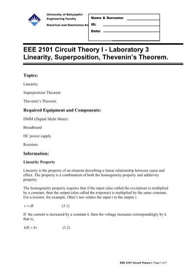 Eee 2101 Circuit Theory I Laboratory 3 Linearity Superposition