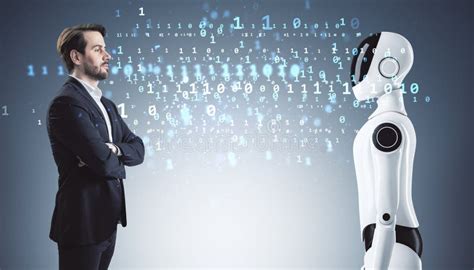 Businessman And Humanoid Robot Facing Each Other With Binary Code