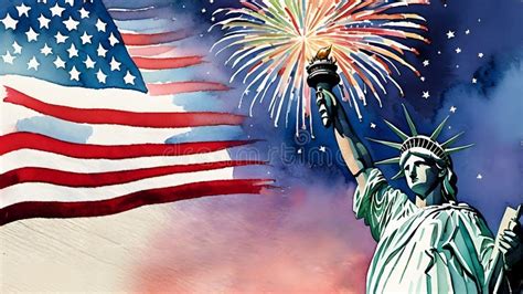 Statue Of Liberty And Fireworks On The Background Of The American Flag