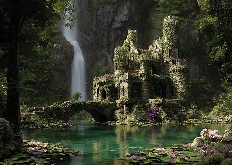 Gambar Runtuhan Hutan Terpesona Berhampiran Air Terjun Magical Castle Adegan Digital Fantasi