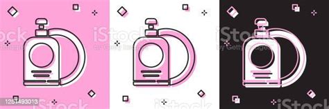 분홍색과 흰색 검은 색 배경에 고립 된 식기 세척 액체 병과 접시 아이콘을 설정합니다 설거지용 액체 세제 벡터 일러스트레이션 가사 집안일에 대한 스톡 벡터 아트 및 기타