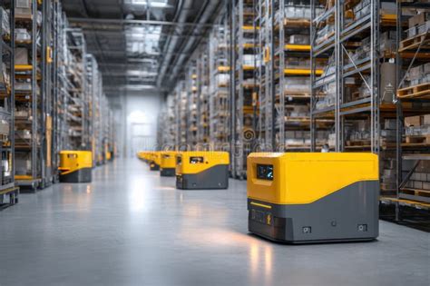 Modern Warehouse Filled With Smart Delivery Robots Enhancing Logistics Efficiency During Daytime