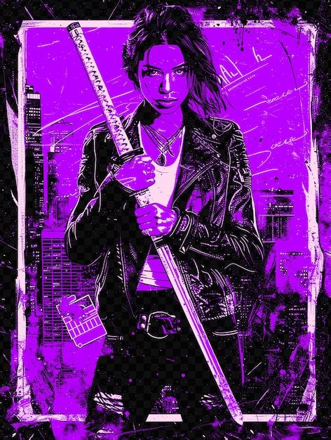 Une Affiche Violette Avec Un Homme Tenant Une épée Psd Premium