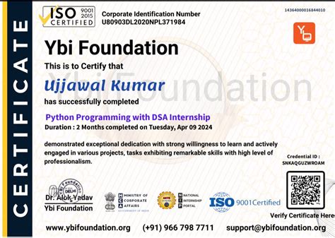 Completed Python Programming With Dsa Internship From Ybi Foundation Ujjawal Kumar Posted On