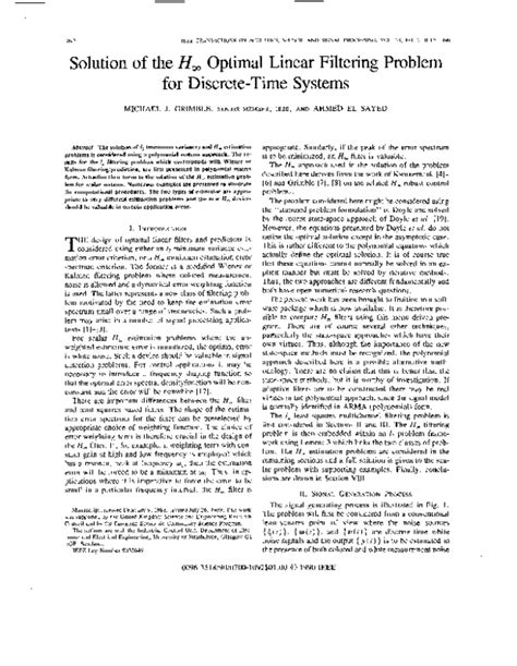 Pdf Solution Of The H∞ Optimal Linear Filtering Problem For Discrete Time Systems