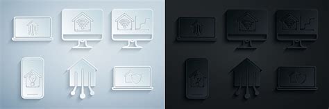 스마트 홈 Wifi 휴대 전화 집 및 전구 보호 중인 노트북 및 아이콘으로 스마트한 컴퓨터 모니터를 설정합니다 벡터 0명에 대한