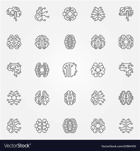 Digital Brain Outline Icons Set Cyberbrain Vector Image