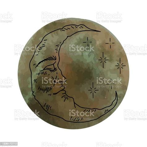 수채화 달 구름과 별의 벡터 그래픽 격리된 벡터 일러스트 문자 집합입니다 얼굴 손으로 조각 스타일로 그려진 그래픽 초승달 점성술 연금술 및 마법의 상징 기하에 대한 스톡