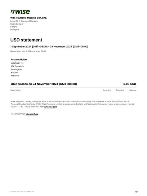 Wise Payments Usd Statement Overview Pdf