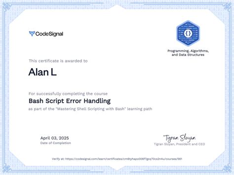 Course Certificate For Bash Script Error Handling Alan Lai