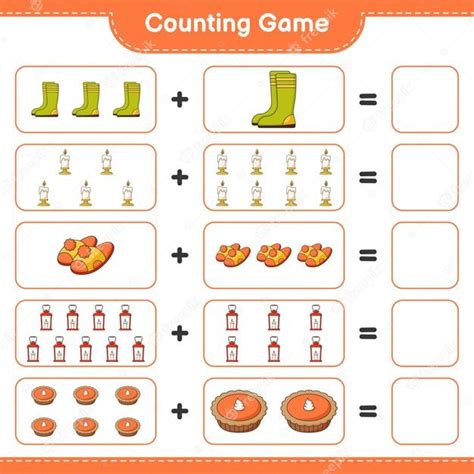 계산 게임 고무 장화 양초 슬리퍼 랜턴 파이의 수를 세고 결과를 씁니다 교육용 어린이 게임 인쇄 가능한 워크 시트 프리미엄 벡터
