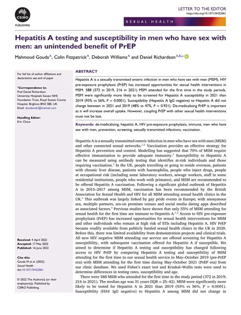 Pdf Hepatitis A Testing And Susceptibility In Men Who Have Sex With