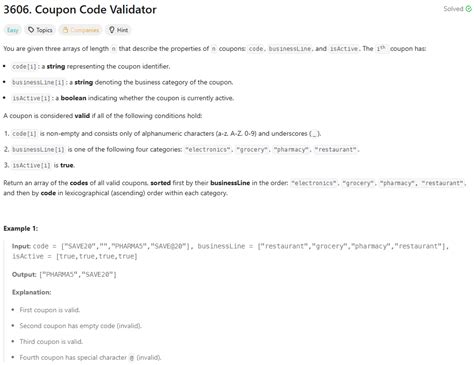 Leetcode 3606 Coupon Code Validator