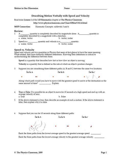 Speed And Velocity Worksheet Pdf Velocity Speed