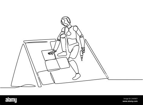 Continuous One Line Drawing Robot Roofer Installing Wooden Or Bitumen
