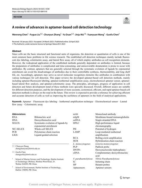 A Review Of Advances In Aptamer Based Cell Detection Technology