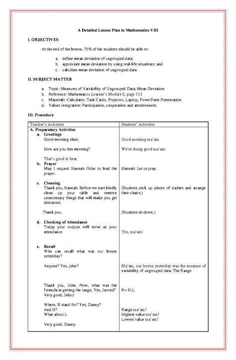 Detailed Lesson Plan On Mean Deviation Math Viii Studocu