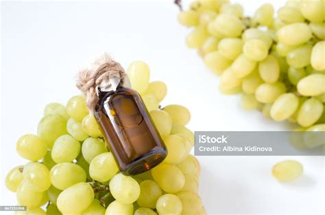 포도 씨 오일 치유 유리 항아리 흰색 배경 신선한 포도 씨 추출 물이 항 산화 고 영양 피부 스파 개념 선택적 초점 매크로 전면 보기 바이오 환경 제품 과일에 대한 스톡