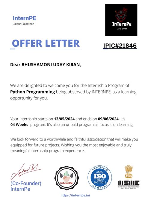 Uday Kiran Bhushamoni On Linkedin Internship Pythonprogramming Internpe