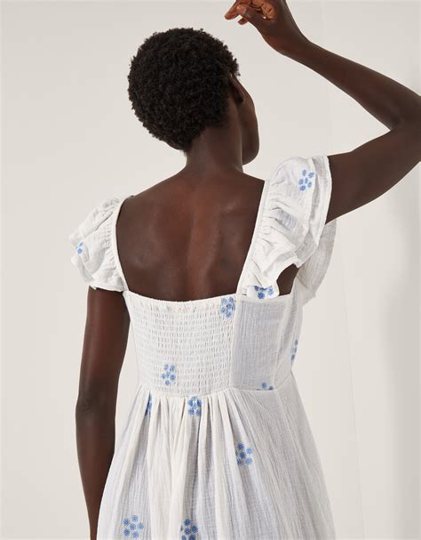 Daisy Frill Embroidered Midi Dress White