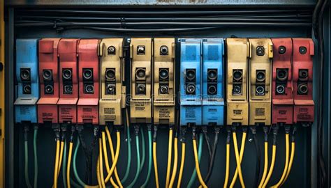 Close Up Of A Circuit Breaker Box With Color Coded Wires Concept Of