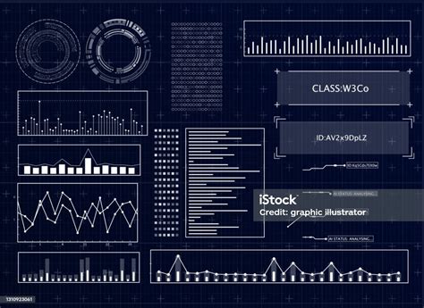 Hud 미래 인터페이스 인포그래픽 요소가 있는 하이테크 디스플레이 차트 다이어그램 선 그래픽 및 데이터가 있는 대시보드입니다 데이터에 대한 스톡 벡터 아트 및 기타 이미지