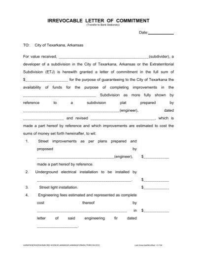 IRREVOCABLE LETTER OF COMMITMENT