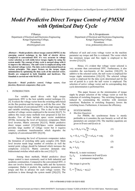 Pdf Model Predictive Direct Torque Control Of Pmsm With Optimized
