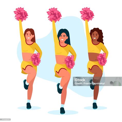 치어리딩을 춤추는 아름다운 소녀의 벡터 그림 응원과 함께 웃는 소녀들이 춤을 추고 치어리딩을 하고 스포츠 경기가 시작되기 전에 공연하는 만화 장면은 흰색으로 분리되어